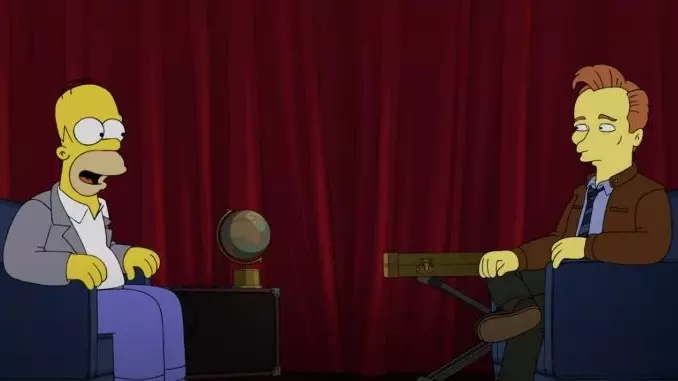 Homer Simpson voer Conan O'Brien se uittrede-onderhoud op die laaste episode van Conan